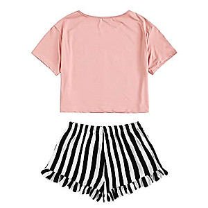WDIRARA Women's Sleepwear Closed Eyes Print Tee and Shorts Cute Pajama Set Pink XS