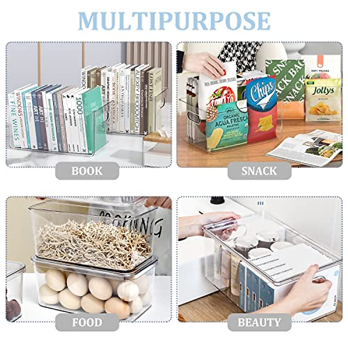 FORUP Plastic Clear Storage Bins with Lids, Kitchen Pantry Organization, Fridge Organizer, Stackable Food Storage Bin, 4 Pack