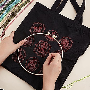WADORN DIY Canvas Tote Bag Embroidery Kit, Flower Pattern Canvas Bag Materials Making Set DIY Embroidery Bag Cross Stitch Kits Personalized Canvas Bag Kits Include Hoops Needles for Adults, Black 1