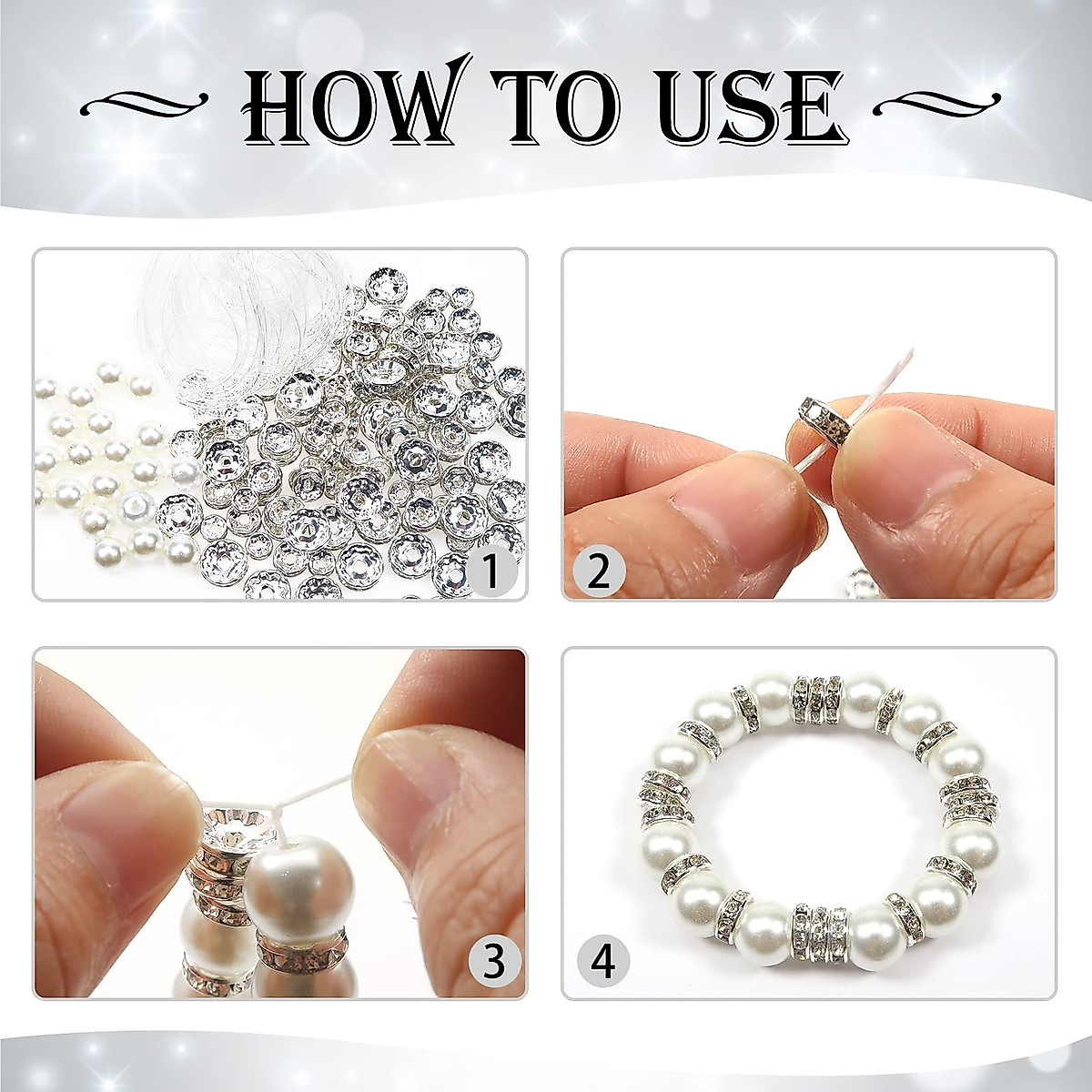 TOAOB 200pcs Rondelle Spacer Beads 6mm 8mm 10mm Round Crystal Czech Loose Spacer Beads Silver Rhinestone Charms Beads with Elastic String for DIY Crafts Jewelry Making Necklace Bracelet