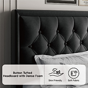 Sismplly Full Size Platform Bed Frame with Velvet Headboard, Modern Upholstered Mattress Foundation with Wooden Slats Support, No Box Spring Needed, Noise Free, Easy Assembly, Black