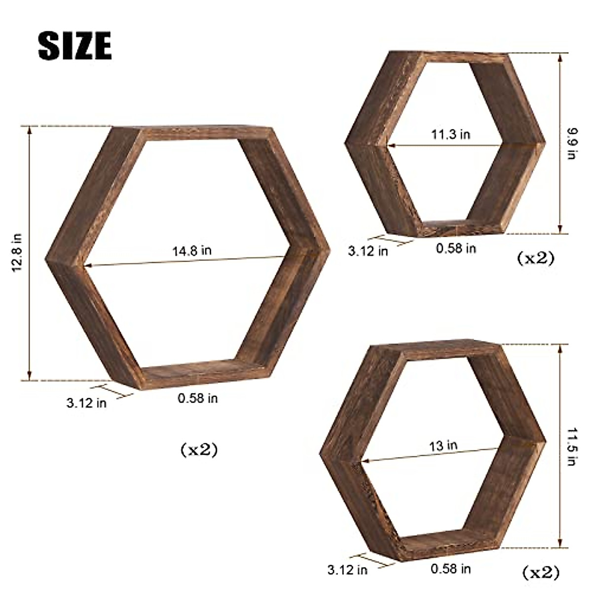 NORCEESAN Hexagon Floating Shelves Set of 6 Honeycomb Shelves for Wall Wood Farmhouse Storage Home Decor Shelf Wall Mounted Wooden Hexagonal Shelves for Bedroom Living Room Nursery, Rustic Brown