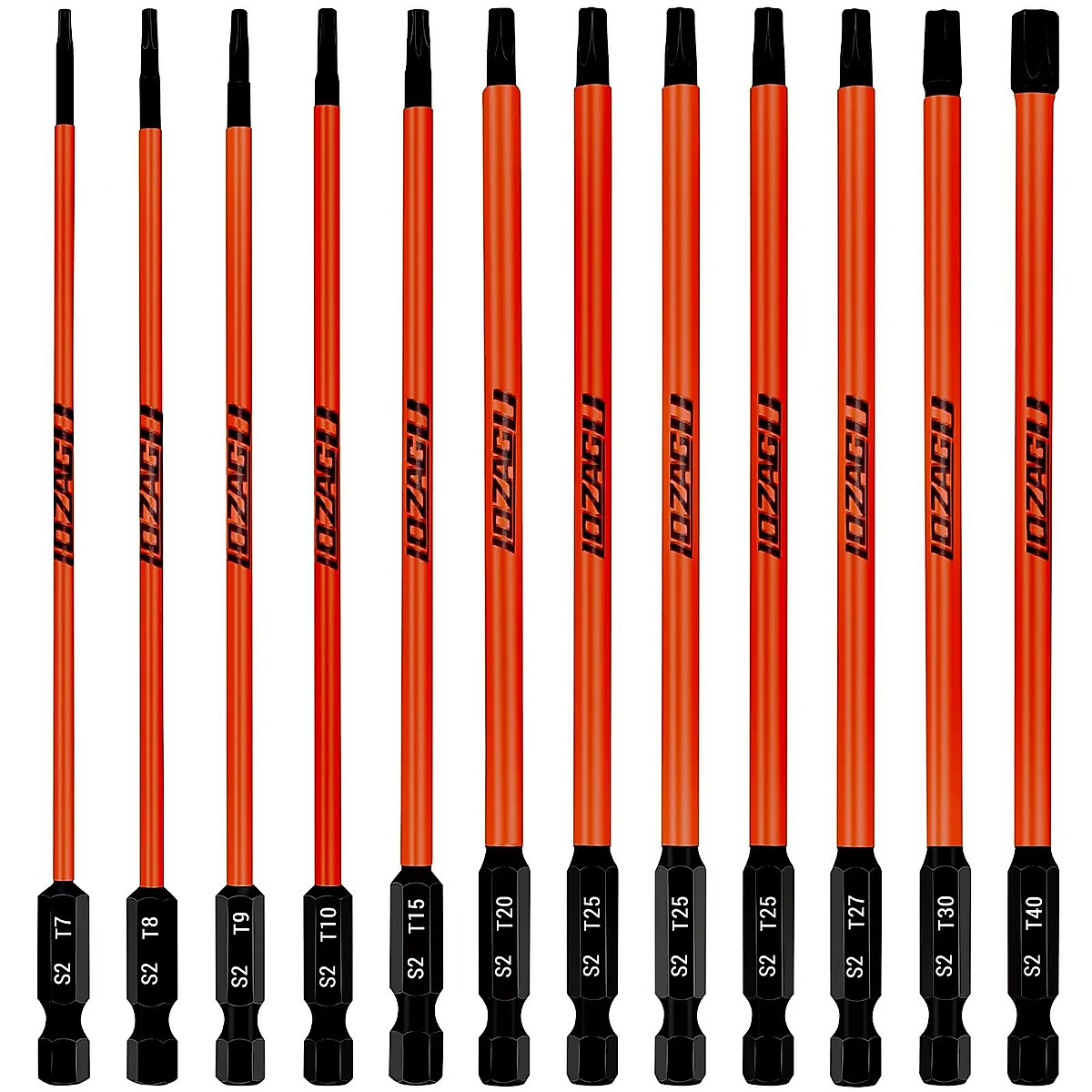 LOZAGU 12Pcs Long Torx Bit Set 6-Inch (152mm), T7 to T40, Magnetic Security Tamper Proof Star Bit Set,1/4 Inch Hex Shank | S2 Steel