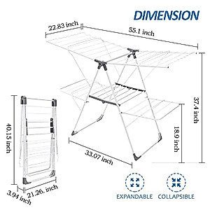 TOOLF Clothes Drying Rack, Clothes Rack, Foldable 2-Level Laundry Racks for Drying Clothes, with Height-Adjustable Wings, Indoor/Outdoor Portable Dryer for Clothing and Towels, White