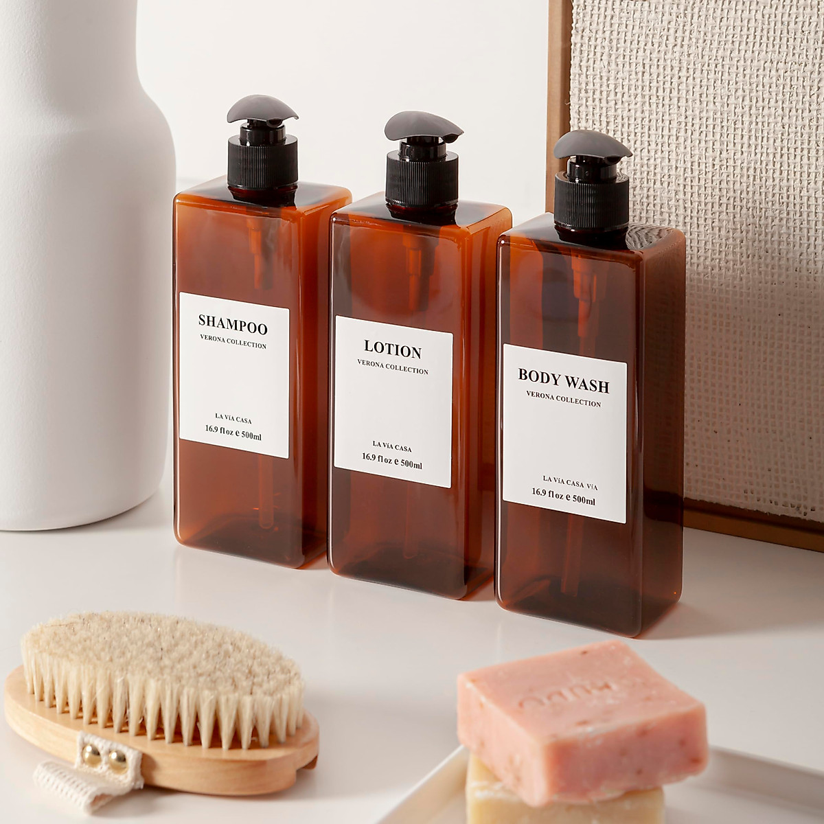 La Via Casa Shampoo and Conditioner Dispenser | 3 Plastic Amber 3 Wall Mount Black | Shampoo Dispenser with Waterproof Labels | No Drill | Shower Bottles Refillable with Pump