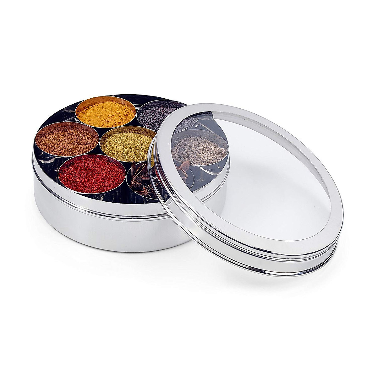 WhopperIndia Stainless Steel Spice box 7 compartments With Clear Screen & Clear Lid With Spoon and Airtight Lid