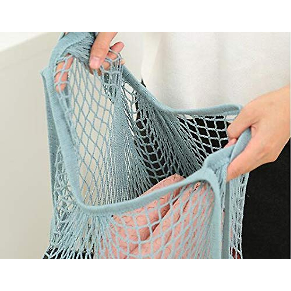 6 Pack Portable,Reusable,Reusable Produce Bags,Washable Cotton Mesh String Organic Organizer Shopping Handbag Long Handle Net Tote (grey blue,Black,Beige,Pink,Purple,Yellow)