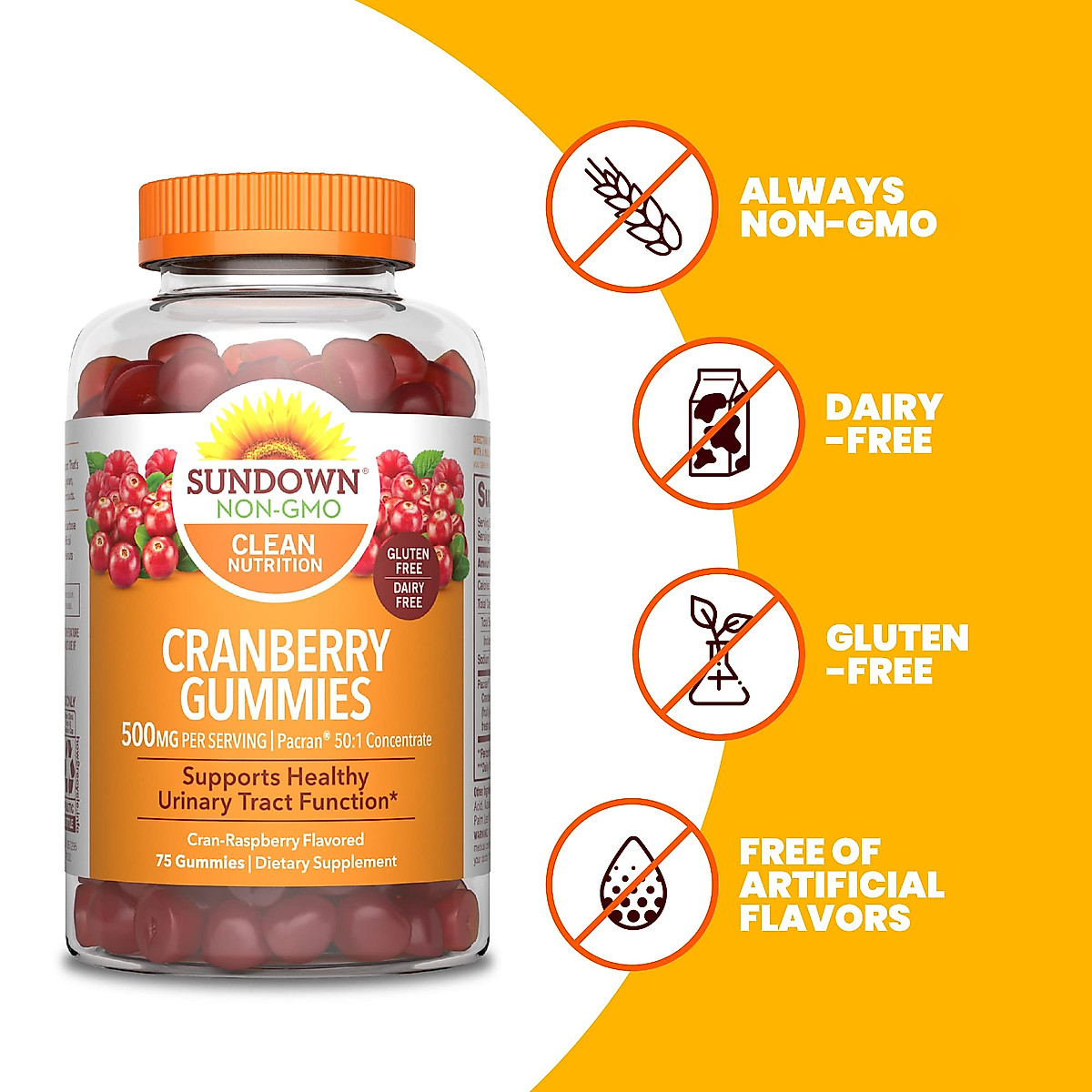 Sundown Cranberry Gummies , Dietary Supplement, Supports Urinary Tract Health, 500mg, Cran-Raspberry Flavored, 75 Count
