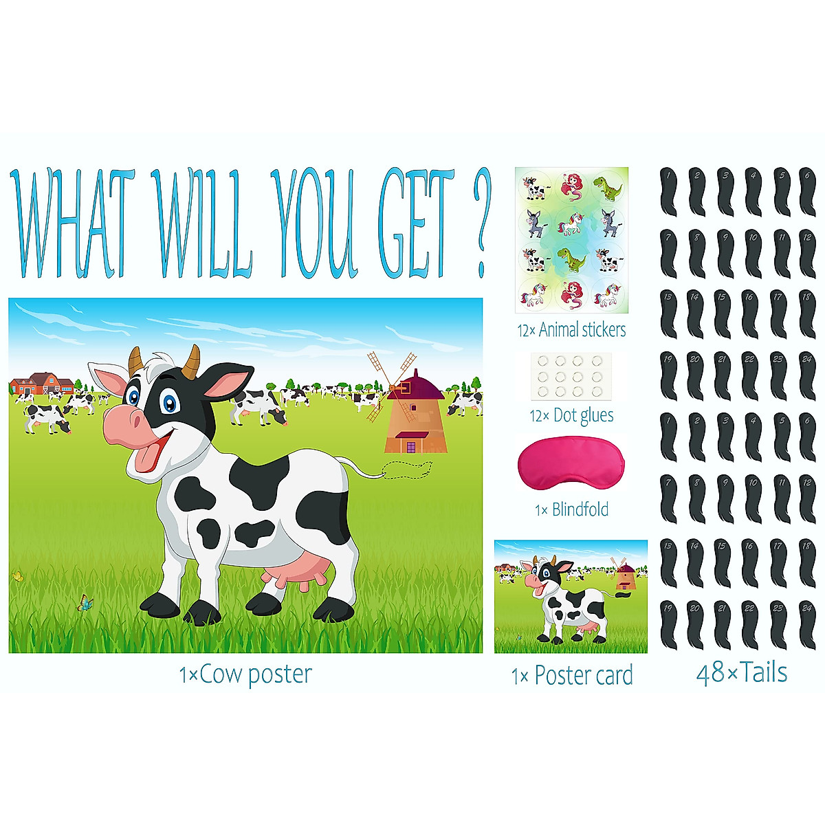 Morcheiong Pin The Tail on The Cow Game with 48pcs Tails for Farm Party Decorations Kids Birthday Party Favors Western Party Supplies