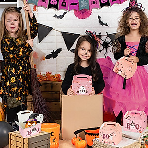 Konsait Halloween Boo Boxes, 12 Pack Kraft Paper Halloween Boo Treat Boxes Bulk, Pink Halloween Cookie Boxes, Halloween Boo Birthday Goody Boxes
