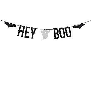Black Glitter Hey&Boo Banner - Halloween Party Bunting Garlands - Haunted House Decorating, Indoor Outdoor Decorations