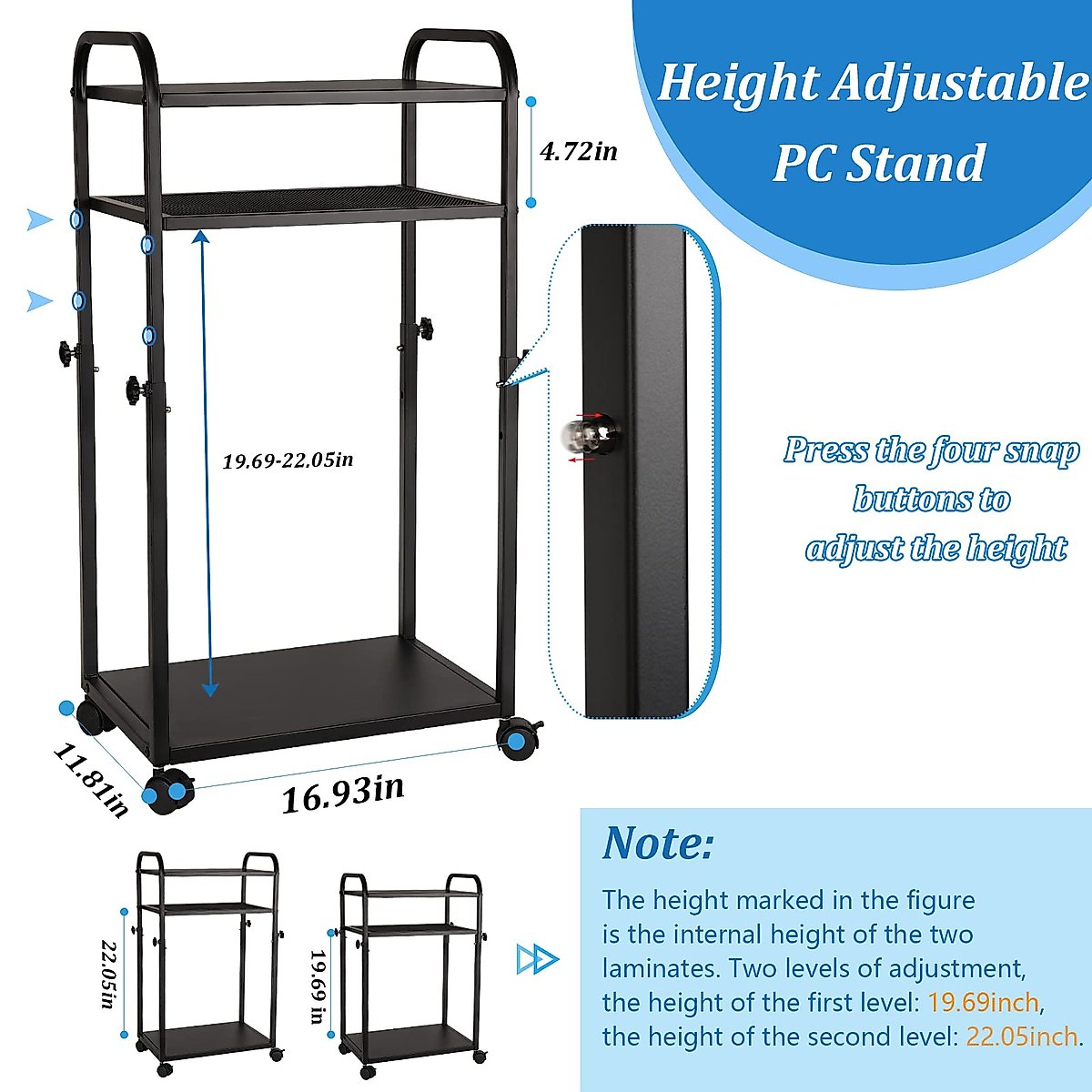 Bfttlity PC Stand 3-Tier Computer Tower Stand Height Adjustable CPU Stand with Locking Caster Wheels for Office Home Fits Most PC