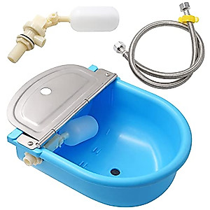 MINYULUA Automatic Waterer Bowl Large Horse Watering Bowl with Float Valve, Drain Plug & Braided Hose, Livestock Water Trough for Dog Goat Cattle Sheep Pig, Light Blue