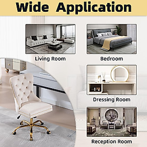 ABET Desk Chair with Wheels, Velvet Gold Office Chair Armless Swivel Chair with Tufted High Back Rivet Trim, Comfy Upholstered Ergonomic Computer Chair for Bedroom, Beige