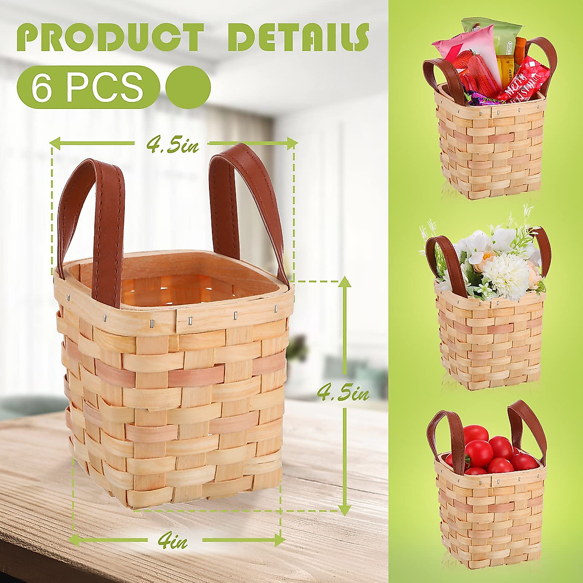 Rtteri 6 Pcs 4.5x4.5x4 In Small Wicker Baskets Woodchip Baskets with Handles Wood Woven Easter Empty Wicker Baskets for Gifts Small Square Basket Storage Organizing Pantry Party Container(Yellow)