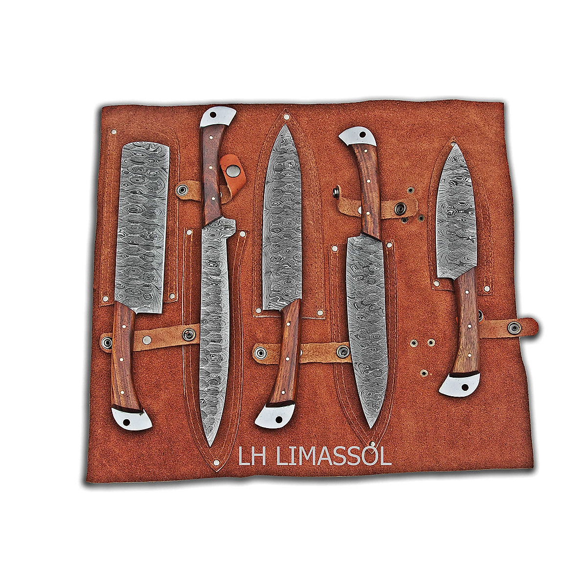 Damascus Steel Kitchen Knife Set, 5 PCS Hand Forged Chef Knife Set With Leather Roll Kit Christmas gift kitchen and Dinning