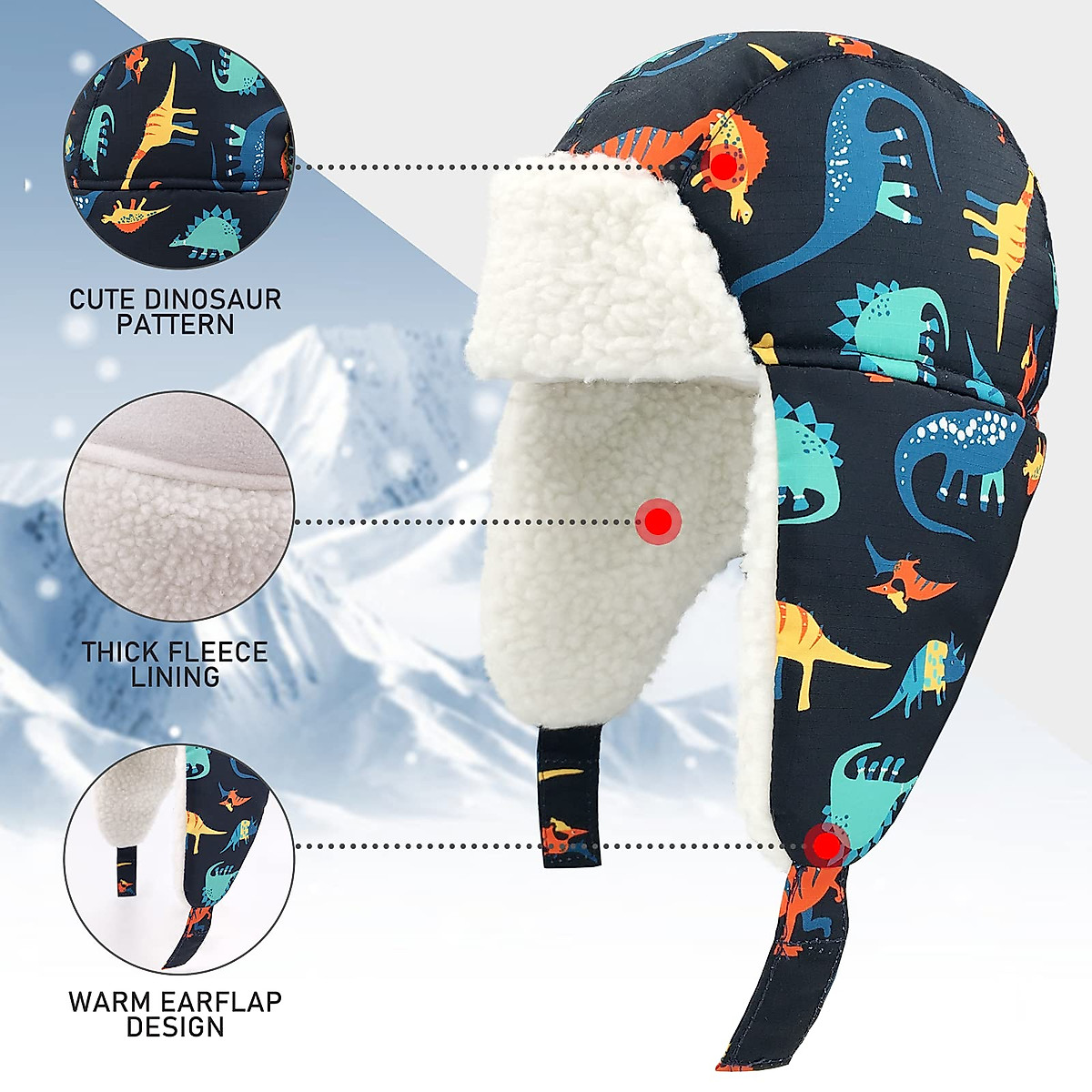 Winter Trapper Hat for Boys Girls Waterproof Warm Baby Toddler Ushanka Fleece Beanie Hats for 6M-6T (Navy Dinosaur, 2-4T)