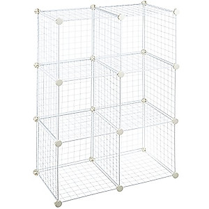Amazon Basics Collapsible Fabric Storage Cubes Organizer with Handles, Beige - Pack of 6 & Amazon Basics 6-Cube Wire Grid Storage Shelves, 14" x 14" Stackable Cubes, White
