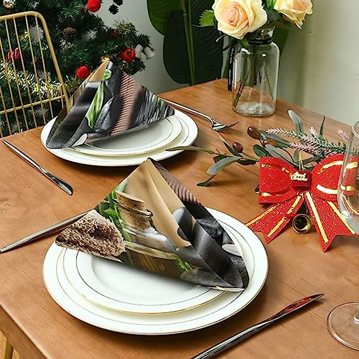 Nesatuwa 20 x 20 Inch Zen Basalt Stones on Wood Cloth Napkins Washable Soft Polyester Dinner Napkins Reusable for Weddings Party Dinner Decoration - 1 Pack