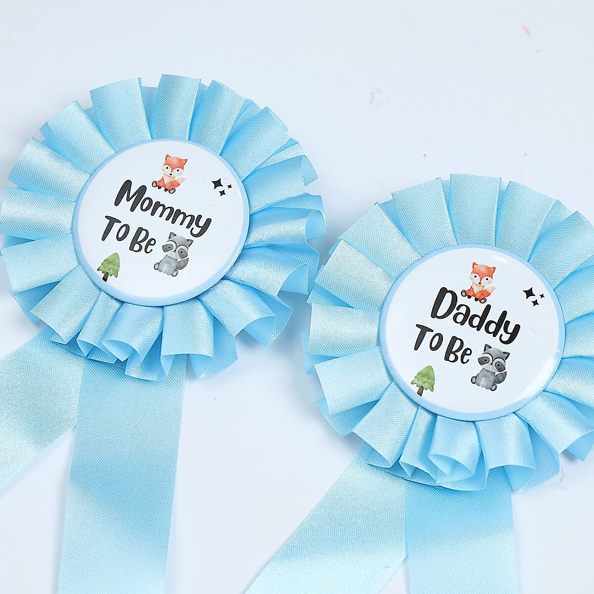 HAPPYLAND Baby Boy Shower Decorations Blue Baby Fox and Raccoon Set Tinplates Badge Mommy to Be and Daddy to Be Baby Shower