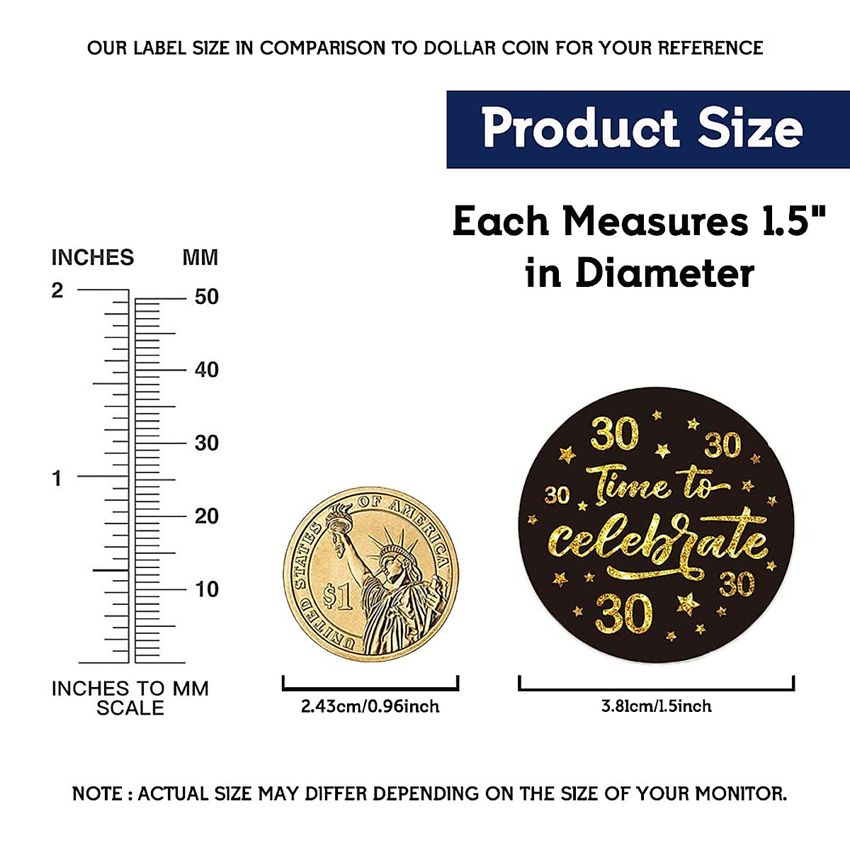 REWIDPARTY Gold 30th Birthday Stickers (500 per Roll, Round, Paper, Waterproof, 1.5'' Diameter) - Party Decorations, Anniversary, Classmate, Company Party Favors