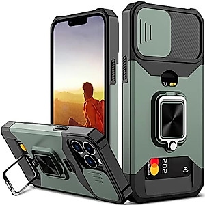 Nvollnoe for iPhone 13 Pro Max Case with Sliding Camera Cover and Card Holder Heavy Duty Protective for iPhone 13 Pro Max Case with Ring Magnetic Kickstand Phone Case for iPhone 13 Pro Max(Green)