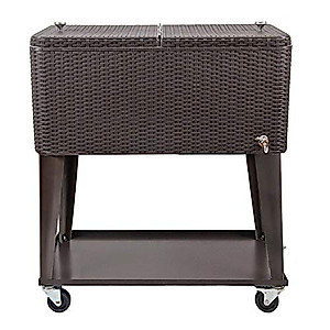 80 Quart Qt Rolling Cooler Ice Chest Beverage Cart, Dark Brown Wicker Faux Rattan Ice Tub Trolley, Portable Outdoor Backyard Patio Deck Party Drink Beverage Bar, Wheels with Shelf & Bottle Opener