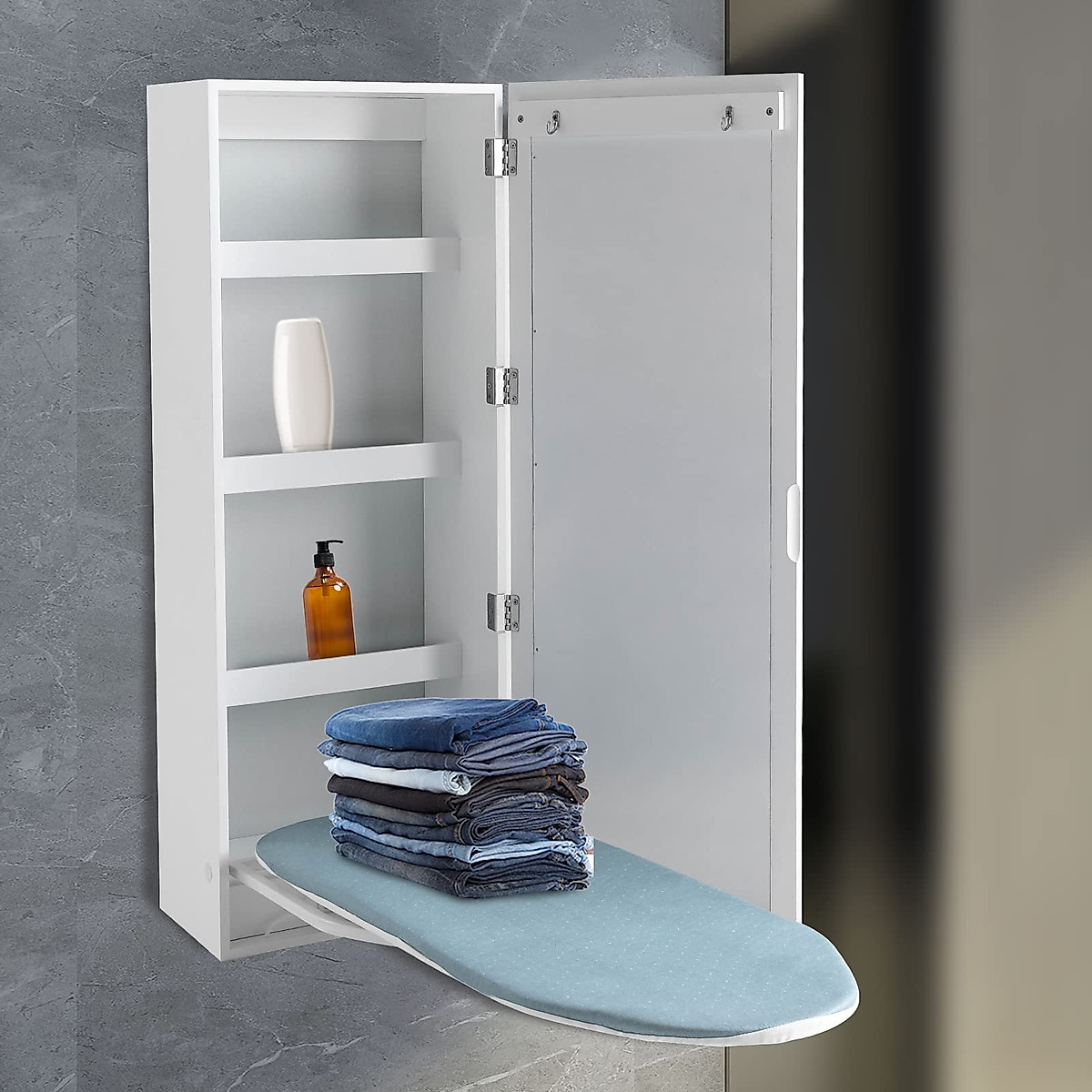 Wall Mount Ironing Board Cabinet, Built-in Swivel Ironing Board Foldable with Storage, Wall Hanging with Mirror, White