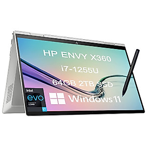 HP Envy X360 15 15.6" FHD 2-in-1 Touchscreen (Intel 12th Gen i7-1255U, 64GB RAM, 2TB PCle SSD, Active Stylus) FHD Convertible Laptop, Backlit KB, Pen, 2 x Thunderbolt 4, Webcam, Win 11 Home