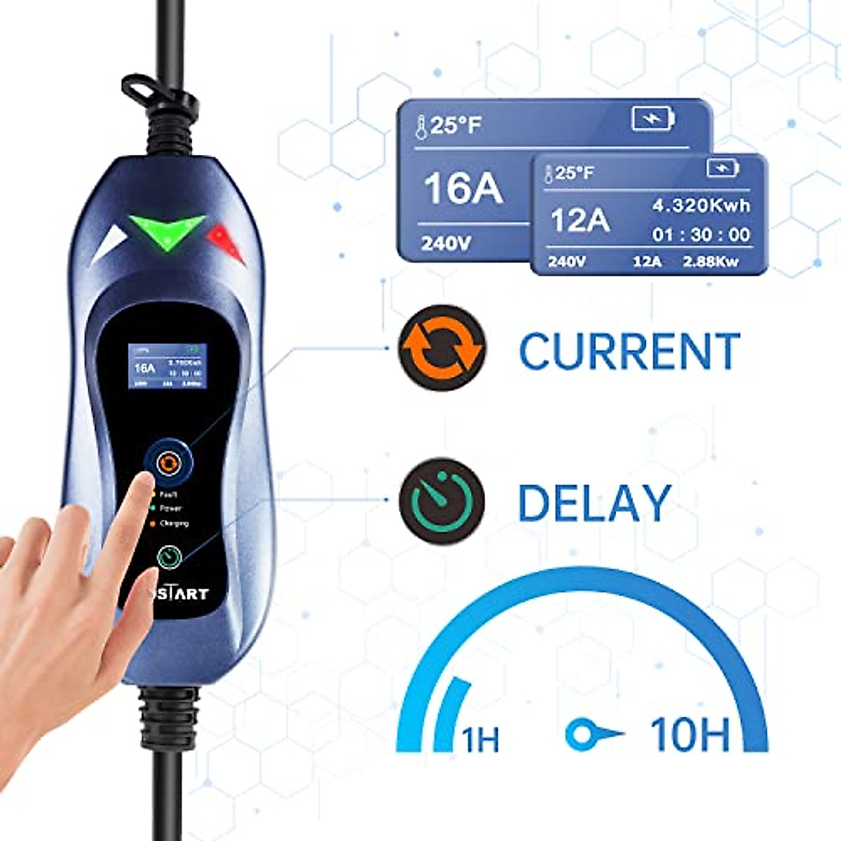 MUSTART Level 1 and Level 2 Portable EV Charger (16 Amp Adjustable, 100-240V, 25ft Cable). NEMA 6-20 Plug with NEMA 5-15 Adapter Electric Vehicle Charger