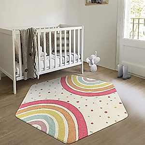 STARUIA Rainbow Rug for Baby Girls Bedroom,55"x47" Washable Area Rug for Princess Tent Castle,Hexagon Non-Slip Nursery Rug Ultra Soft Play Carpet for Kids Room Playpen Dorm