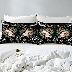 Sun Moon Dreamcatcher Duvet Cover Set Queen Size,Cow Skull Mushroom Plants Bedding Set,Girls Boys Room Decor,Dead Moth Butterfly Boho Comforter Cover,Black White Trippy Quilt Cover,2 Pillowcases