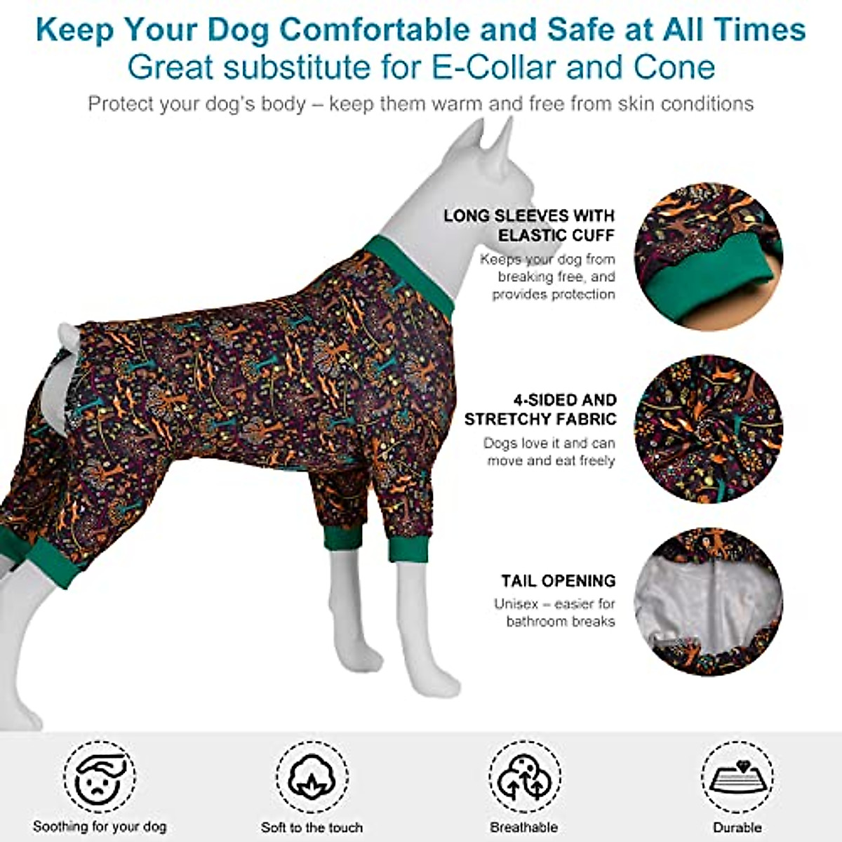 LovinPet Large Dog Clothing - Comfy Lightweight Stretchy Fabric, Norwegian Woods Print Dog Pajamas, UV Protection, Surgery Recovery Outfit for Dogs, Easy to Wear Adorable Dog Clothes, Brown Blue M