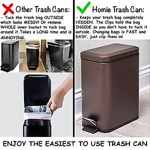 Homie Soft Close, Rectangular Trash Can 5L with Anti - Bag Slip Liner and Lid, Use as Mini Garbage Basket, Slim Dust Bin, or Decor in Bathroom, Restroom, Kitchen, or Bedroom (Bronze)