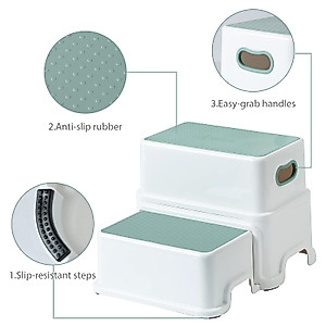 Victostar 2 Step Stool for Kids, Anti-Slip Sturdy Toddler Two Step Stool for Toilet Potty Training, Bathroom,Kitchen (Green-White)