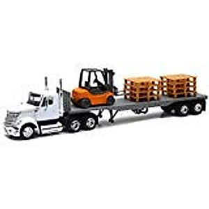 New Ray New 1:43 NEWRAY Truck & Trailer Collection - White Long HAUL Trucker International Lonestar Flatbed with Forklift and PALLETS Diecast Model Toys