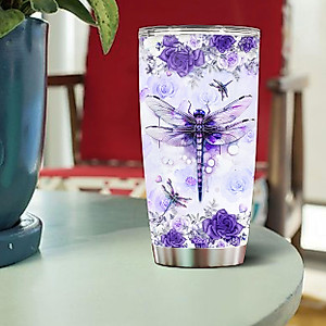 WONWIX Personalized Dragonfly Coffee Mug Cups Gifts For Women Unique Mom, Purple Dragonflies Water Bottle Mothers Day Birthday Christmas Valentine 20oz Stainless Steel Thermos Tumbler Cup With Lid