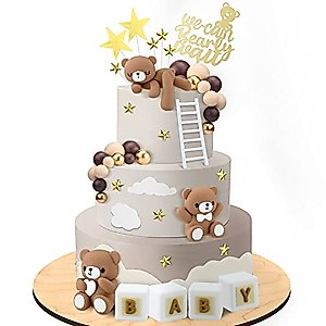 41 Pcs/Set Bear Cake Toppers Mini Bear Cake Decorations Cake Toppers Gold White Pearl Ball for Boy Girl Baby Shower Birthday Party Decorations (Dark Brown, Cute Style)