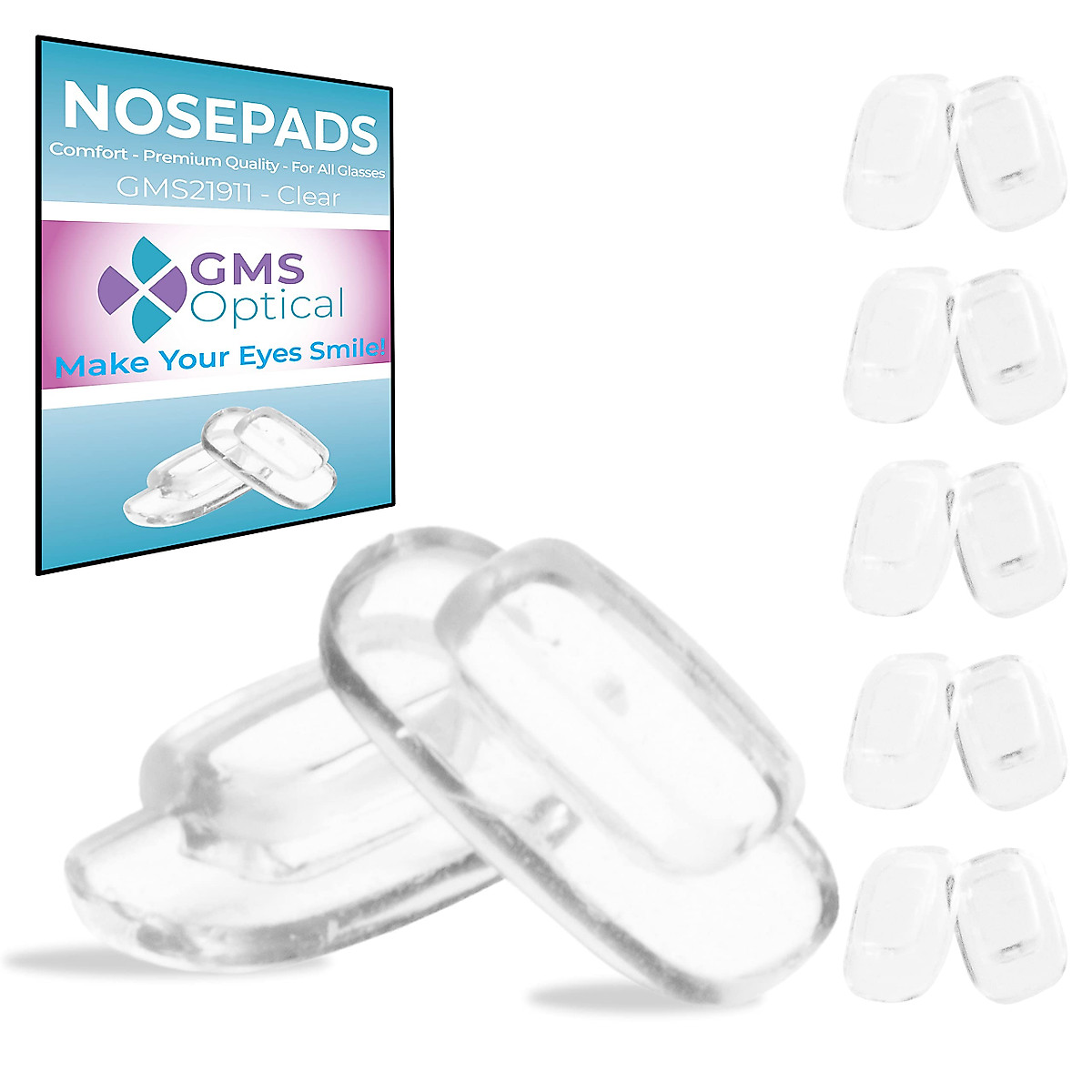 GMS Optical Premium Grade Soft Silicone - Rectangle Shaped Nose Pads (Slide/Push-in) 11MM (5 Pair, Rectangle - Clear (11mm))