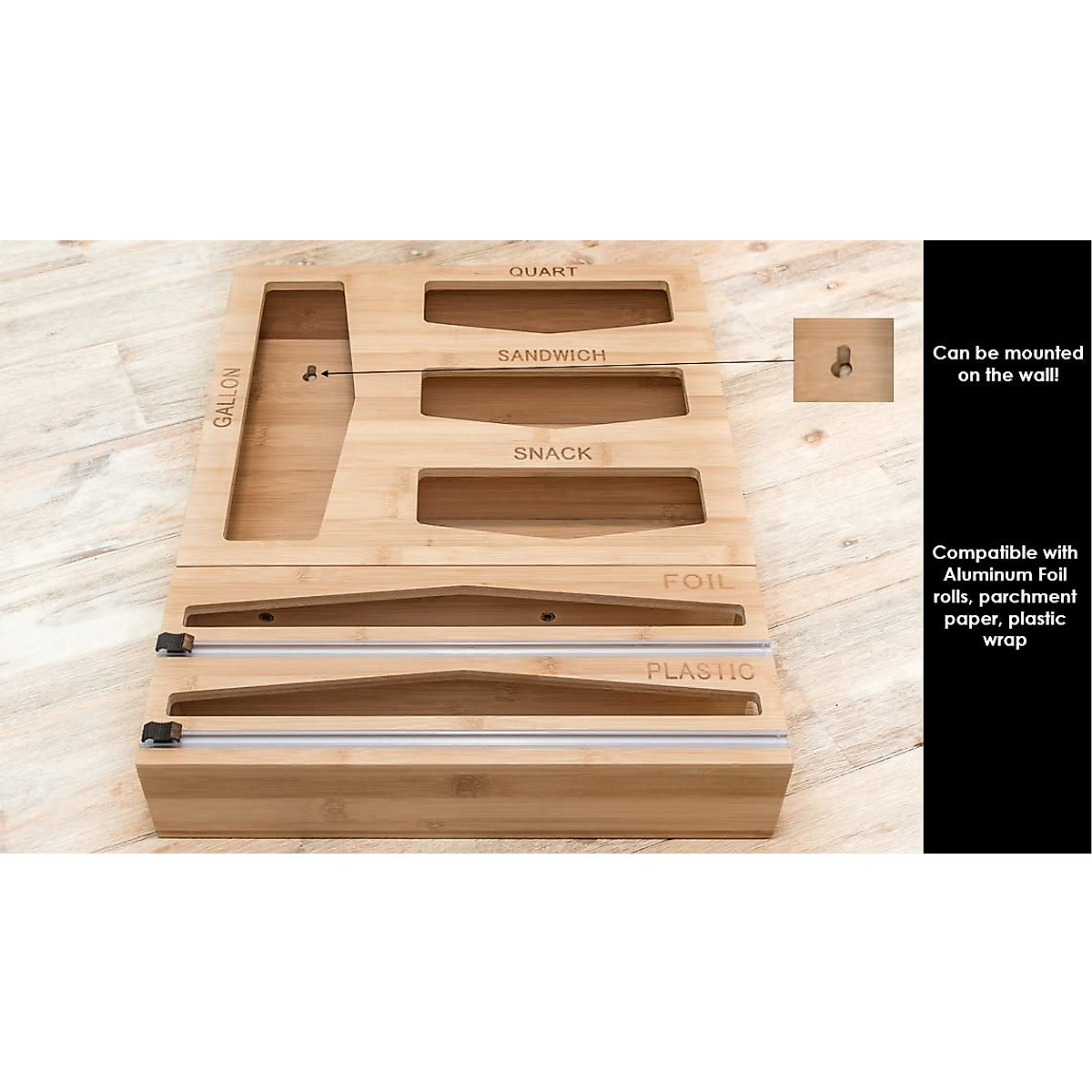 Brady Unlimited Storage Bag Organizer, Foil & Plastic Wrap Dispenser with Cutters, 6in1 Bamboo Bag Organizer for Kitchen Drawer & Wall Mount-Gallon,Quart,Sandwich,Snack, Foil & Plastic Holders