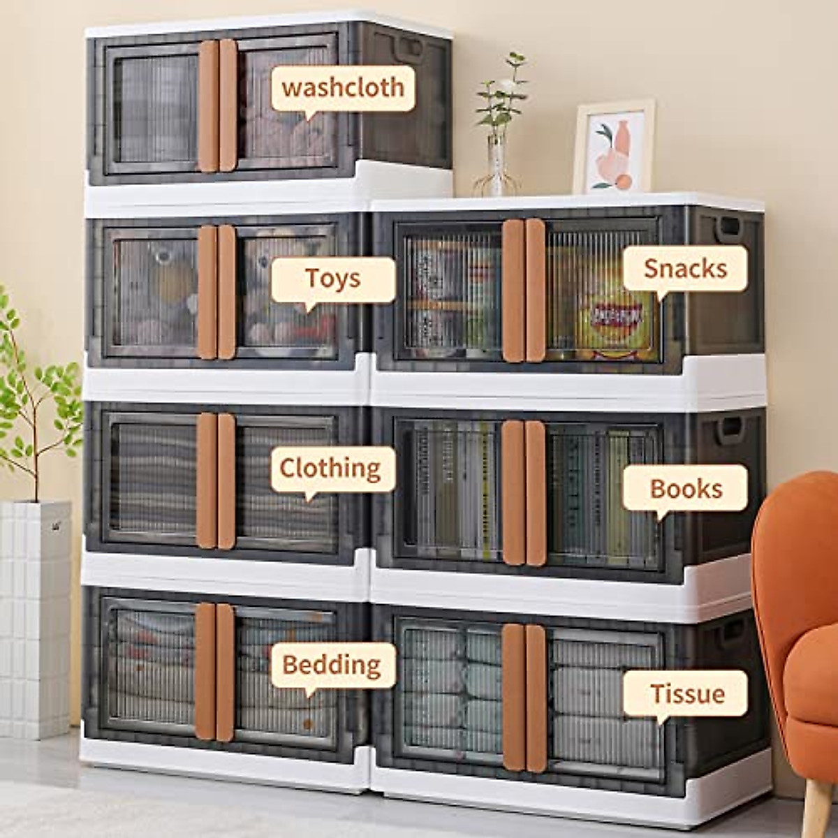 Sineda 3 Pack Storage Bins with Lids - 19 Gallon Stackable Storage Bins. Collapsible Storage Bins with Wheels and Door, Ideal for Storage and Organization. (19 Gal - 3 Pack, White)