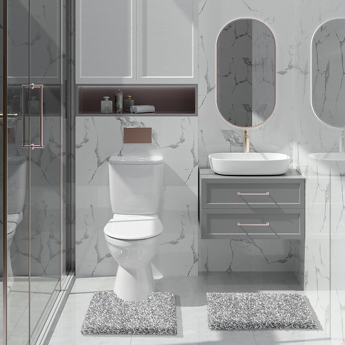 Yimobra Luxury Bathroom Rugs, Fluffy Bath Mats, Non Slip, Water Absorbent Microfiber, Machine Washable, Shaggy Plush Soft Shower Rugs, Thick Matts for Bathroom Floor & Sink, Light Gray and White