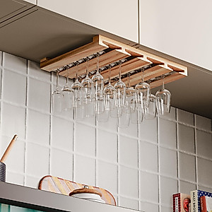 Rustic State 4 Sectional Adjustable Under Cabinet Mount Wood Stemware Rack Hanging Shelf Glassware Holder Bar Organizer with up to 12 Wine Glass Storage 10 Inch Deep Natural