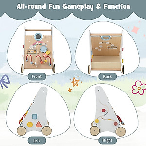 HONEY JOY Baby Push Walker, Wooden Infant Walker Activity Center with Shape Sorter, Develop Motor Skills & Creativity, Push Toys for Babies Learning to Walk, Gift for Boys and Girls (Natural)