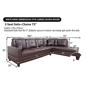 SIENWIEY Sectional Sofa Set, L-Shape Faux Leather Couch Living Room Sofa Set with Chaise Using for Living Room Furniture(Brown,Facing Right Chaise)