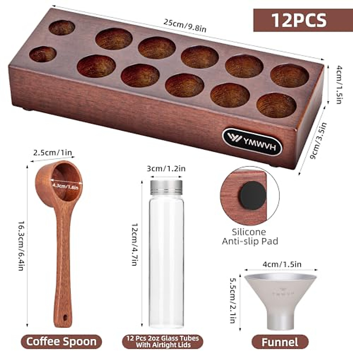 YMWVH Coffee Bean Storage Glass Tubes Single Dose, 12PCS Coffee Bean Cellar Container Vials With Lids (2 Oz) Wooden Display Stand And Funnel Coffee spoon