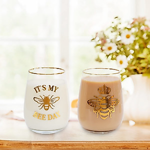 Whaline 17oz Queen Bee Stemless Wine Glasses with Gold Rimmed 2Pcs Bee Day Drinking Glasses Summer Tumbler Cups Bee Party Cups for Bee Party Supplies Kitchen Decorations Gifts