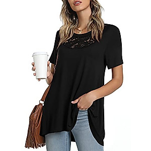 POPYOUNG Women's Summer Short Sleeve T-Shirt Casual Lace Neck Tunic Tops for Leggings Loose Blouse XL, Black