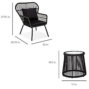 Best Choice Products 3-Piece Patio Conversation Bistro Set, Outdoor All-Weather Wicker Furniture for Porch, Backyard w/ 2 Wide Ergonomic Chairs, Cushions, Glass Top Side Table - Black