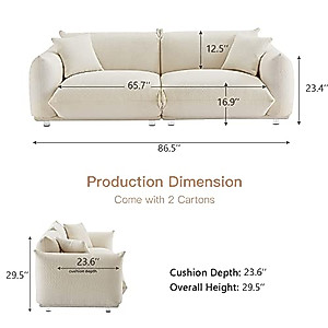 Hommoo Mid Century Modern Couch for Living Room Bedroom，Soft Loveseat Sofa, Sherpa Sofa with Metal Legs, Comfy Couch, 87" W Small Couch for Small Space with Pillows White